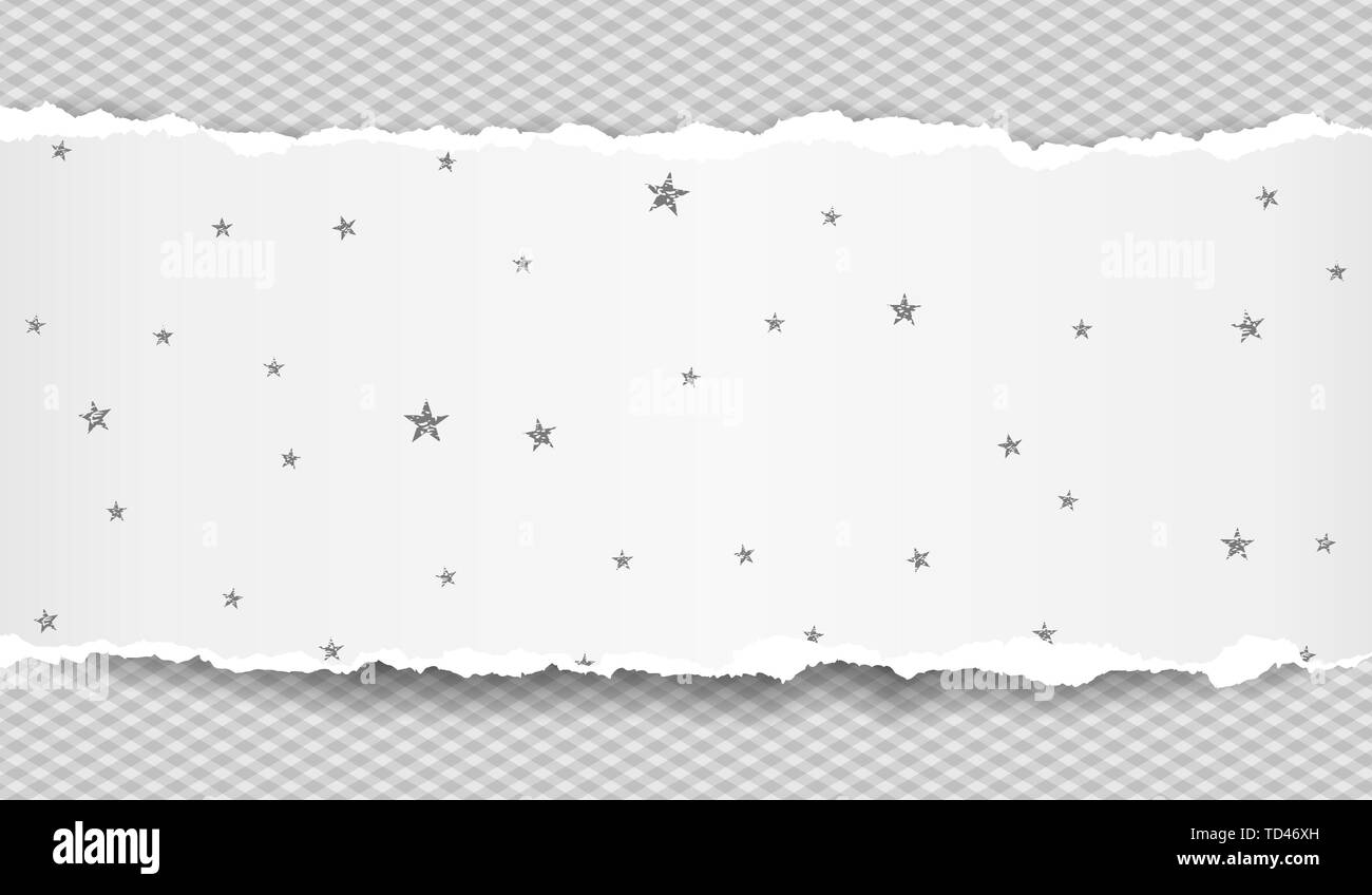 Piece of white torn, ripped paper strip with stars pattern and soft ...