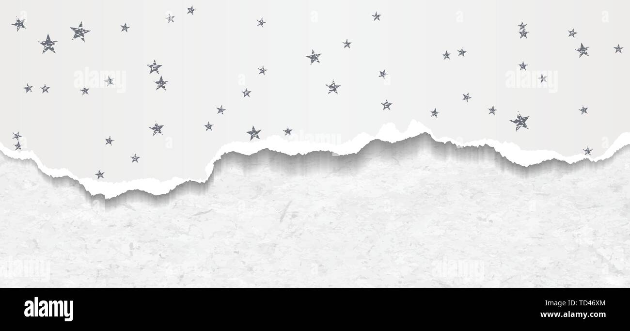Piece of white torn, ripped paper strip with stars pattern and soft ...