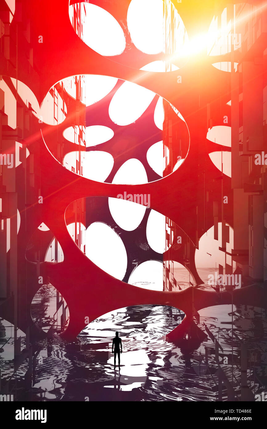 Fantasy landscape, fissure, darkness, light, sun, people in backlight ...