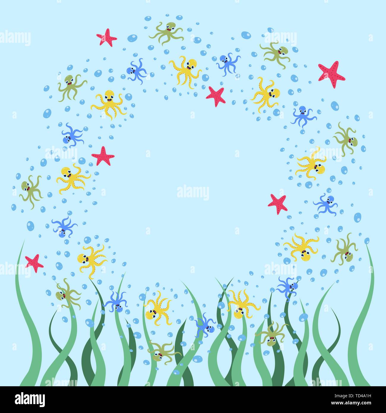 Cute frame with octopuses on the marine theme Vector cartoon ...