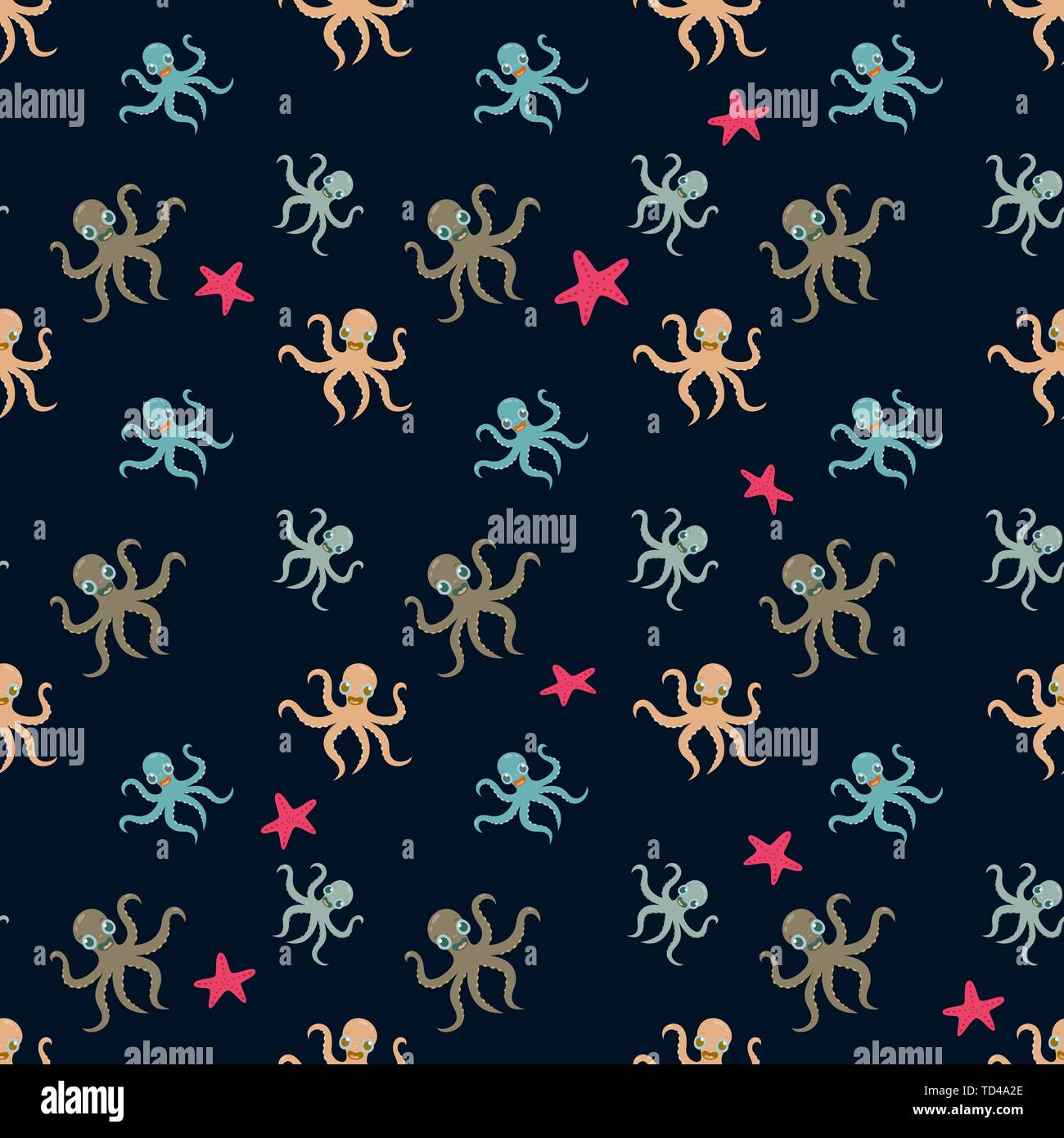 Seamless underwater pattern with cute octopuses Vector cartoon ...
