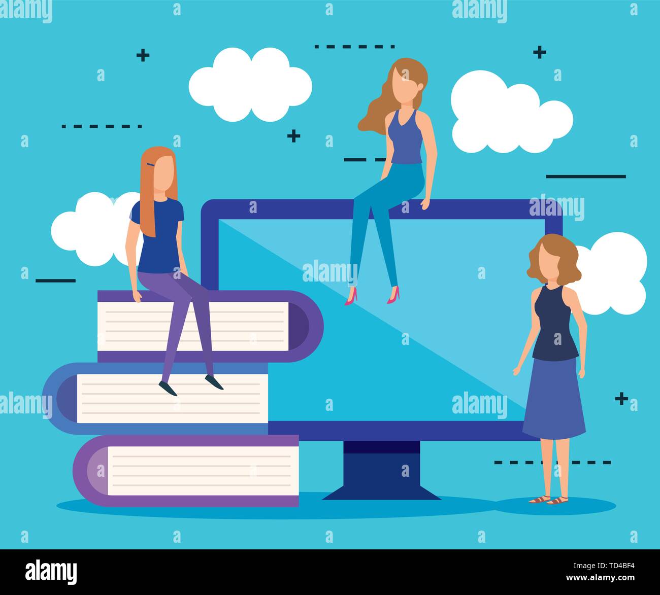 mini people with computer and books vector illustration design vector ...