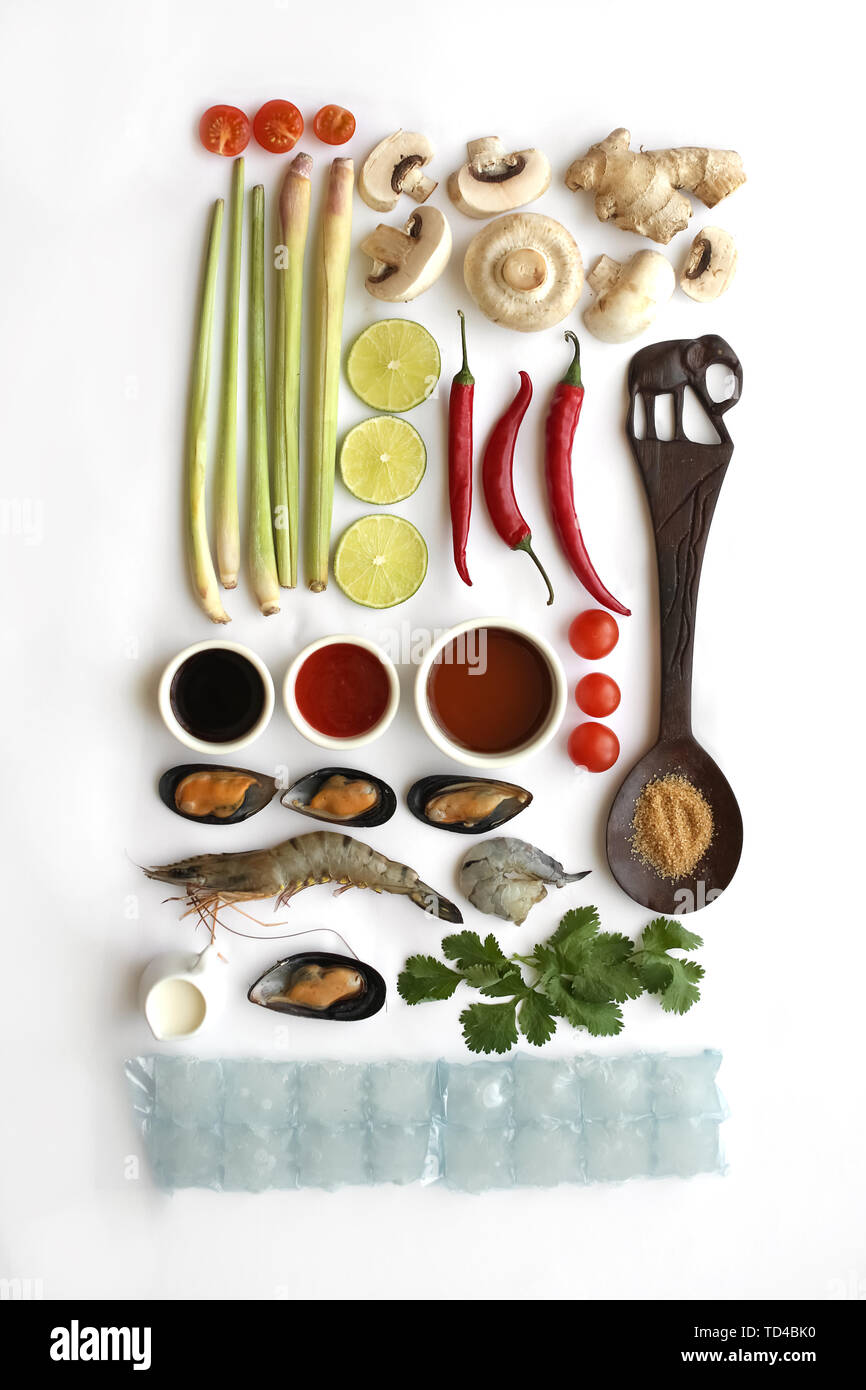 Tom Yam soup ingredients on white background. Visual recipe, top view ...