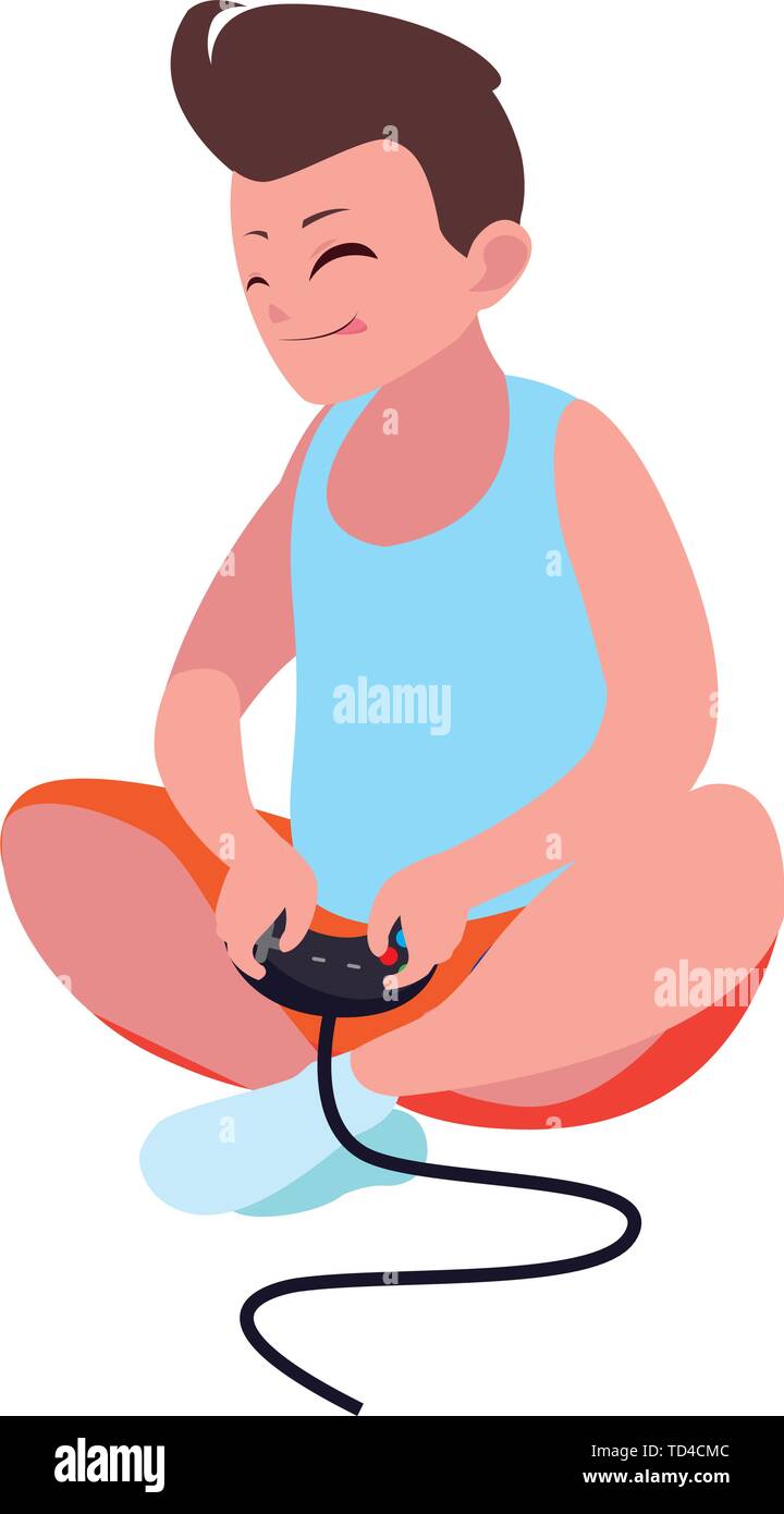happy little boy playing video game character vector illustration ...