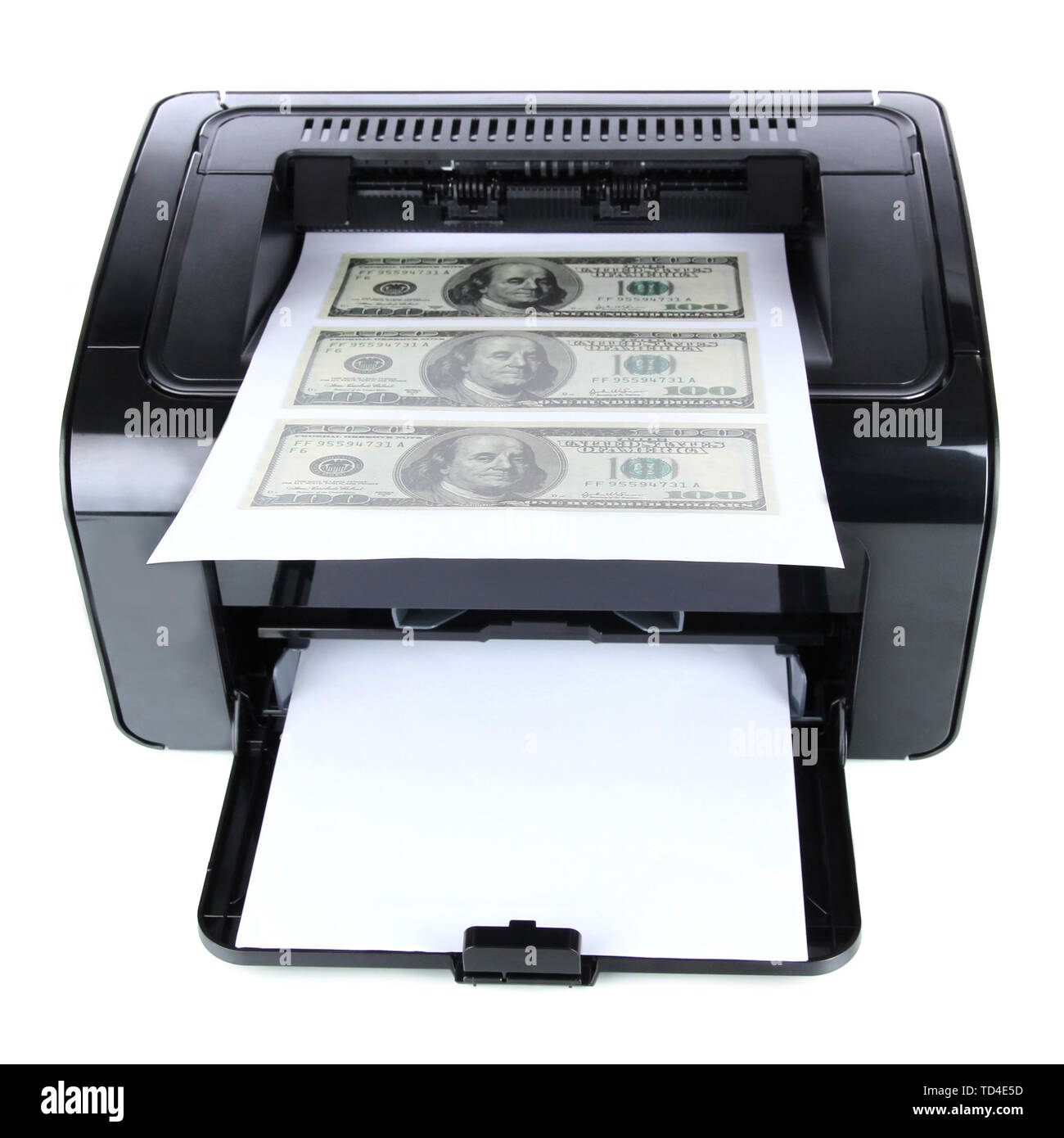 Printer printing fake dollar bills isolated on white Stock Photo - Alamy