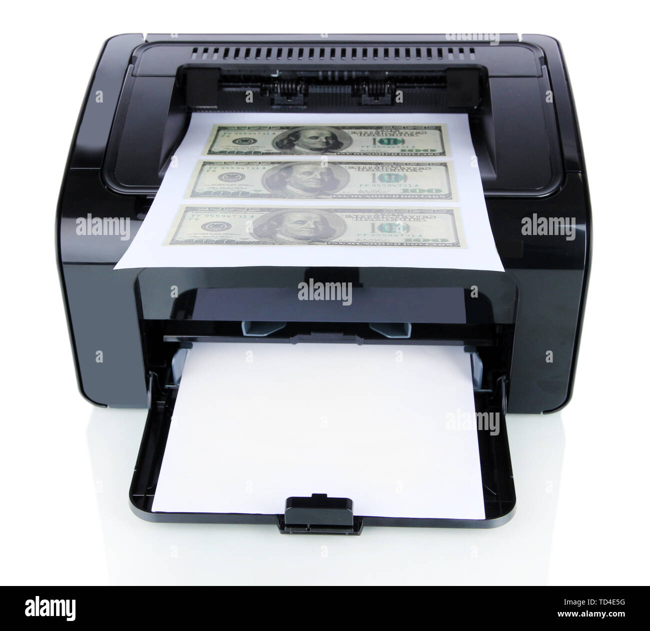 Printer printing fake dollar bills isolated on white Stock Photo - Alamy