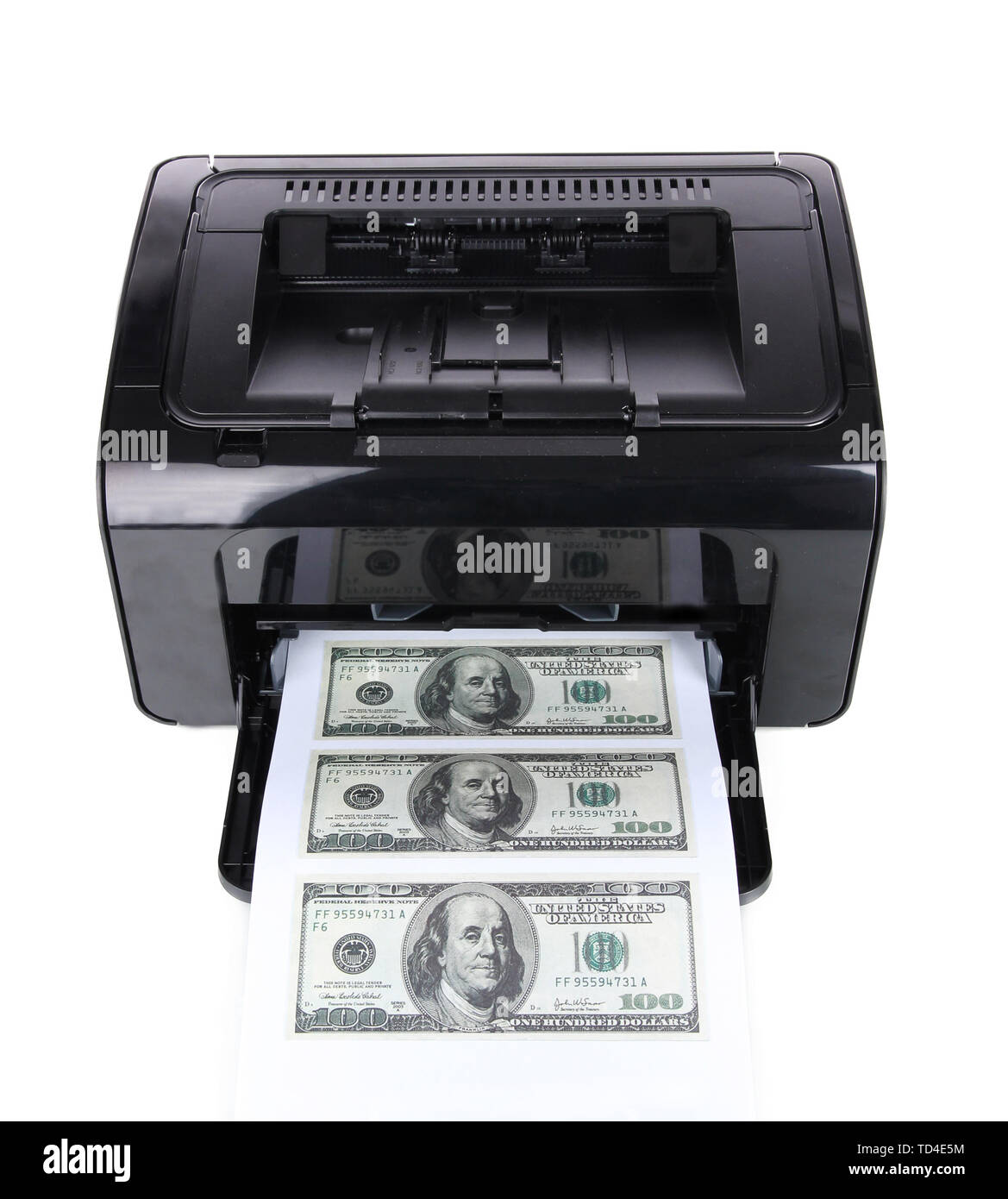 Printer printing fake dollar bills isolated on white Stock Photo - Alamy
