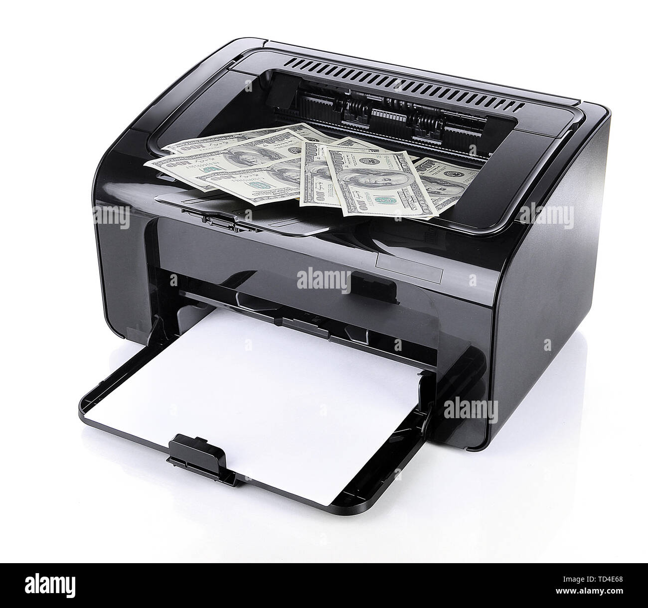 Printer printing fake dollar bills isolated on white Stock Photo - Alamy