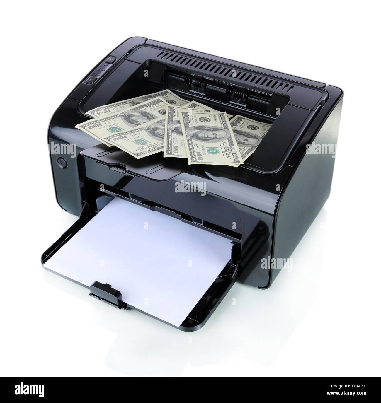Printer printing fake dollar bills isolated on white Stock Photo - Alamy