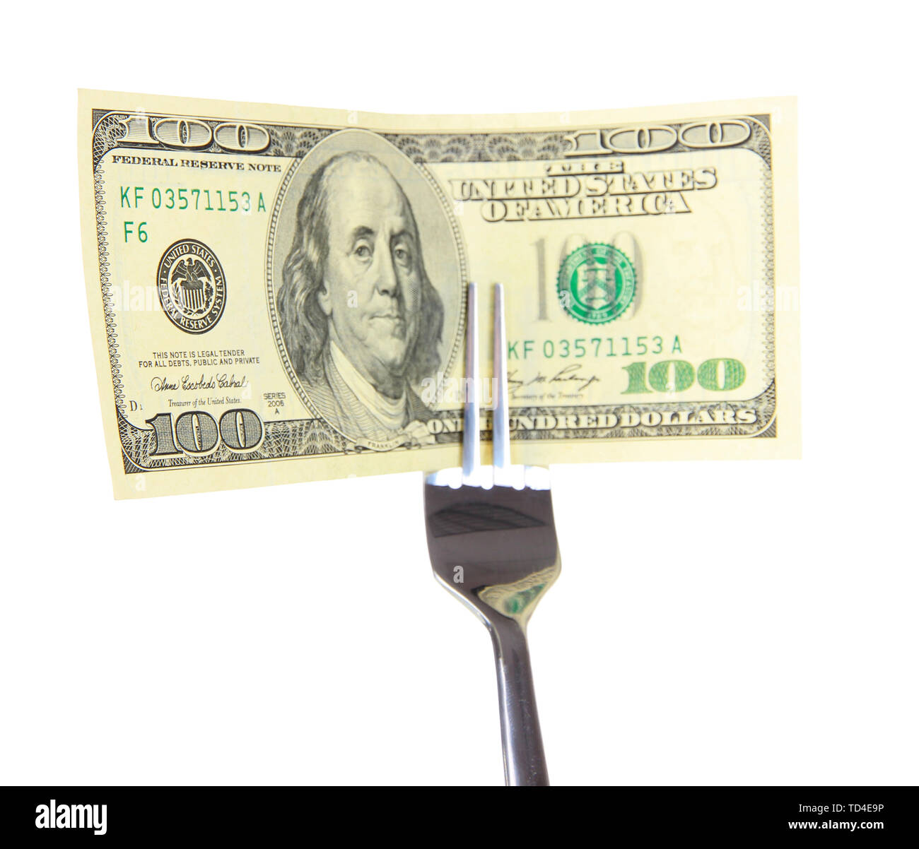 Banknotes on fork isolated on white Stock Photo - Alamy