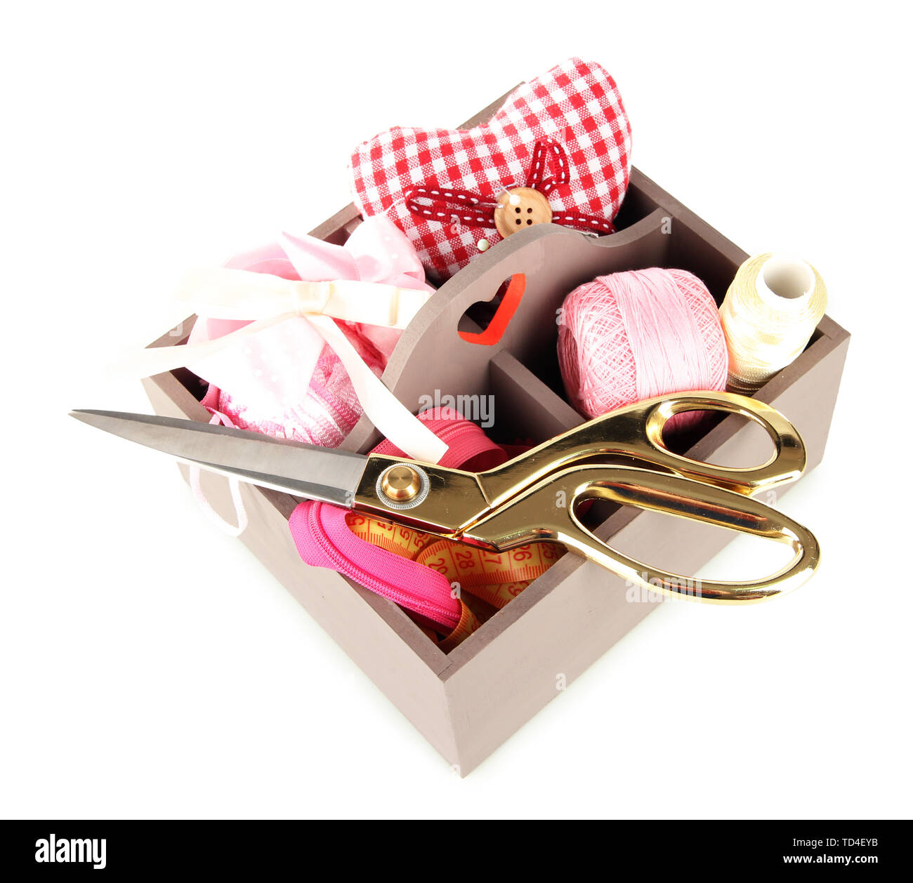Box with the materials at hand sewing isolated on white Stock Photo - Alamy