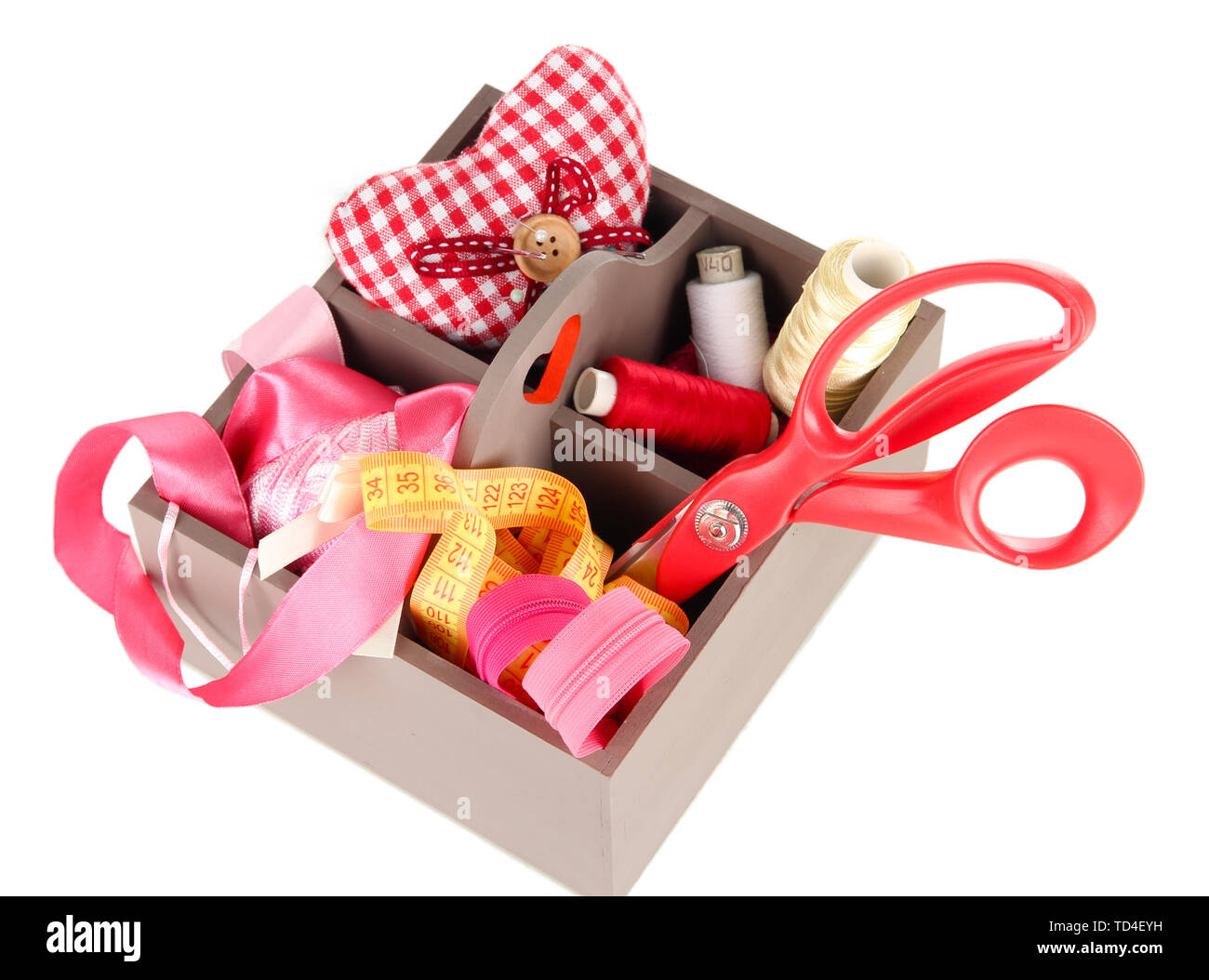 Box with the materials at hand sewing isolated on white Stock Photo - Alamy