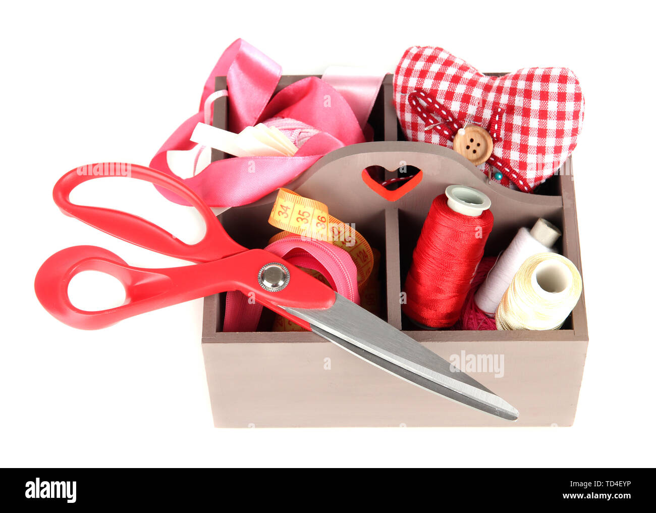Box with the materials at hand sewing isolated on white Stock Photo - Alamy