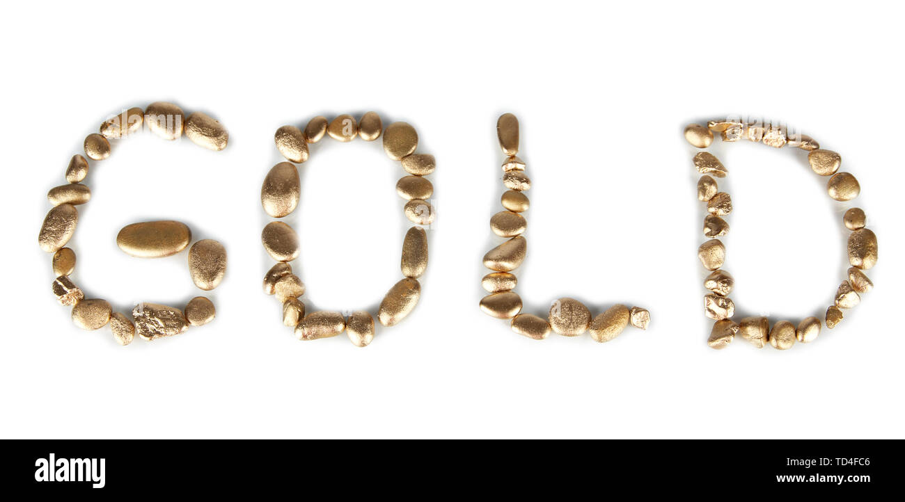 Word gold making with golden stones isolated on white Stock Photo - Alamy