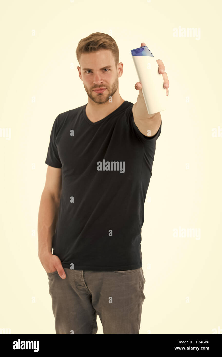 Guy satisfied with this shampoo. Man bearded stylish hold plastic ...
