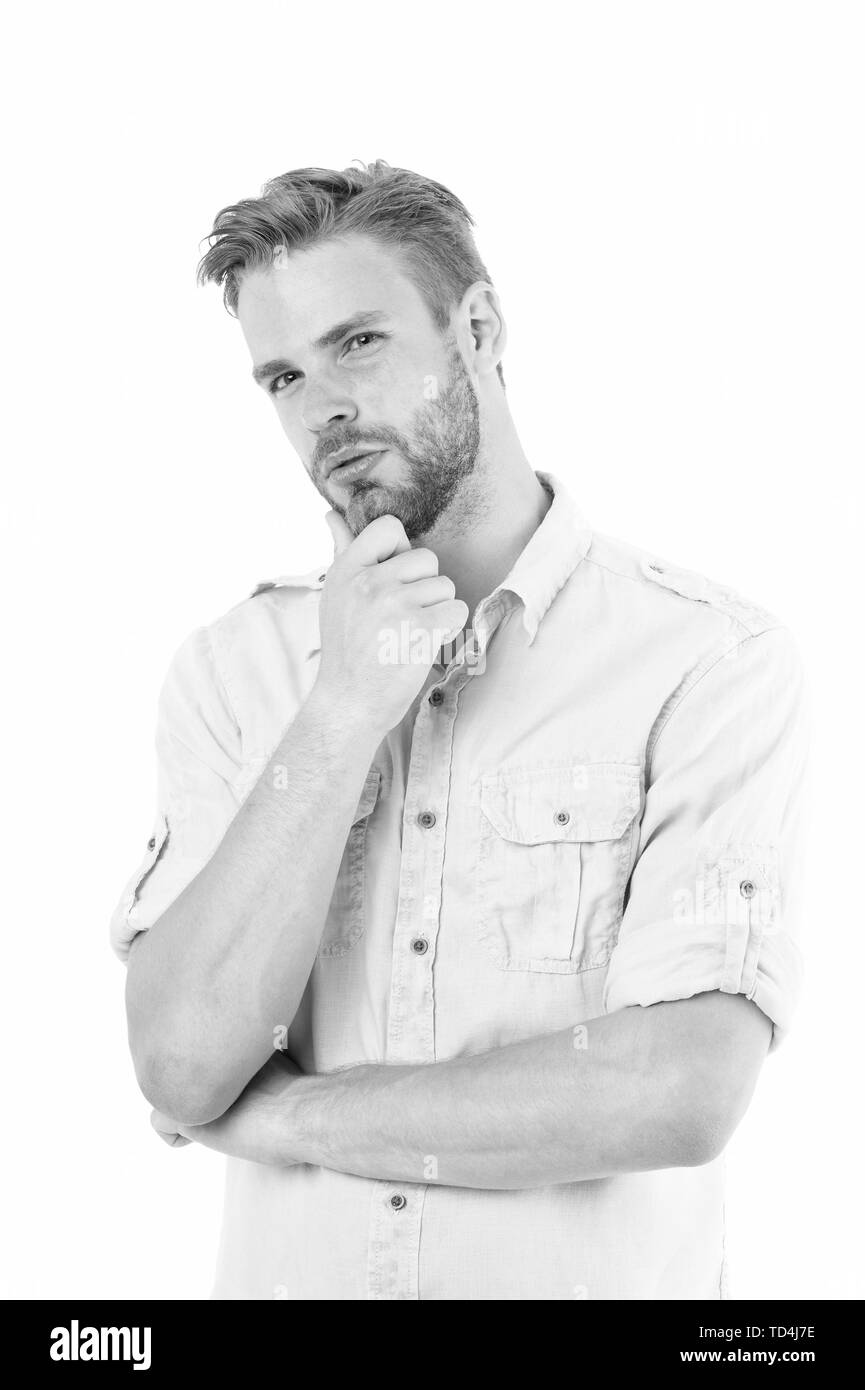 Think to solve. Close to solution. Man with bristle serious face ...