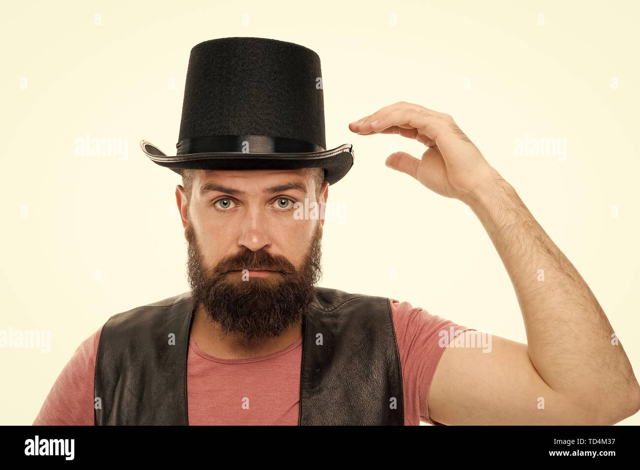 Let me show some magic. Man bearded hipster cylinder hat. Illusionist ...