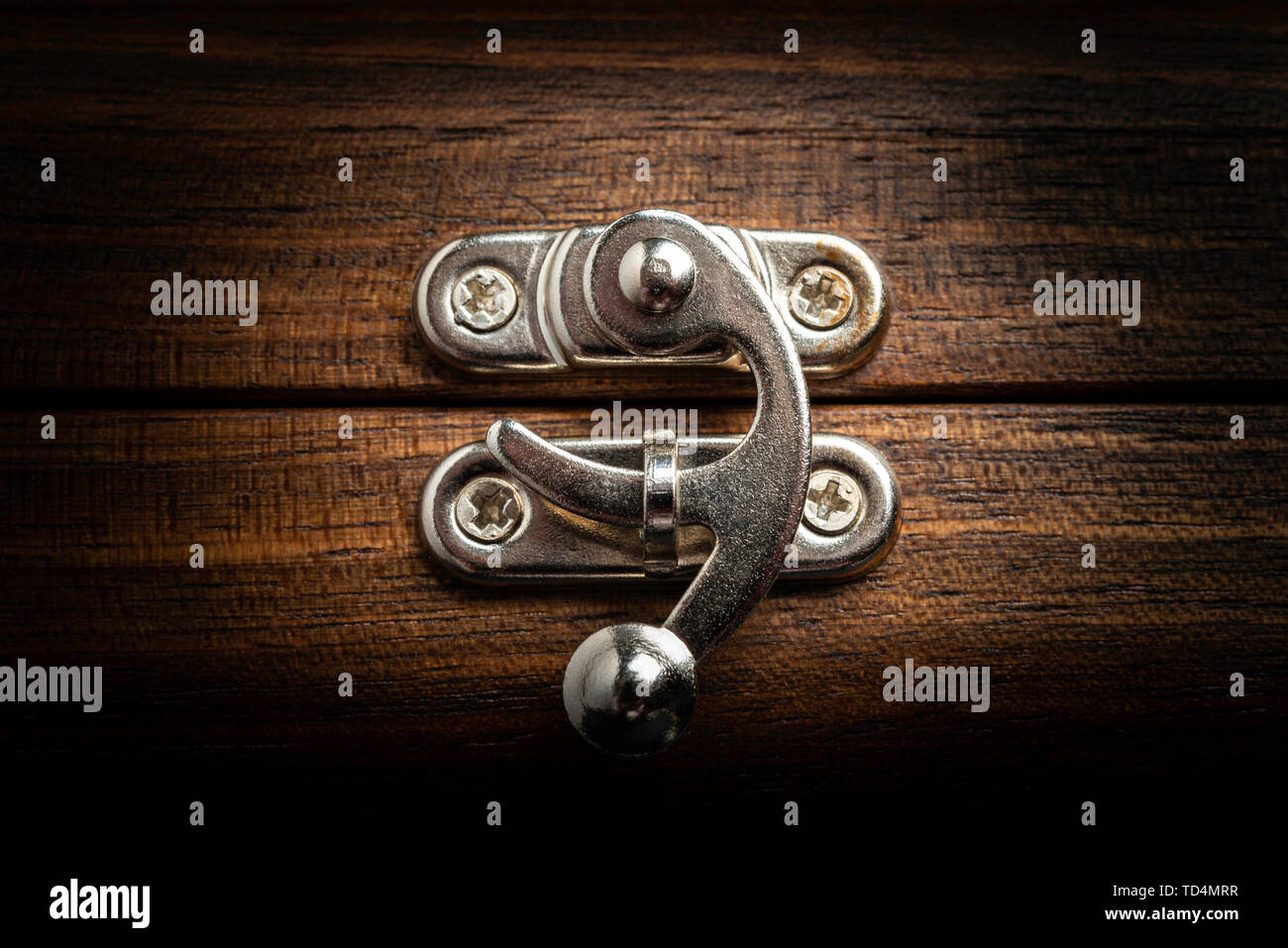 A close-up frontal view of a fancy silver-color sliding latch lock for ...