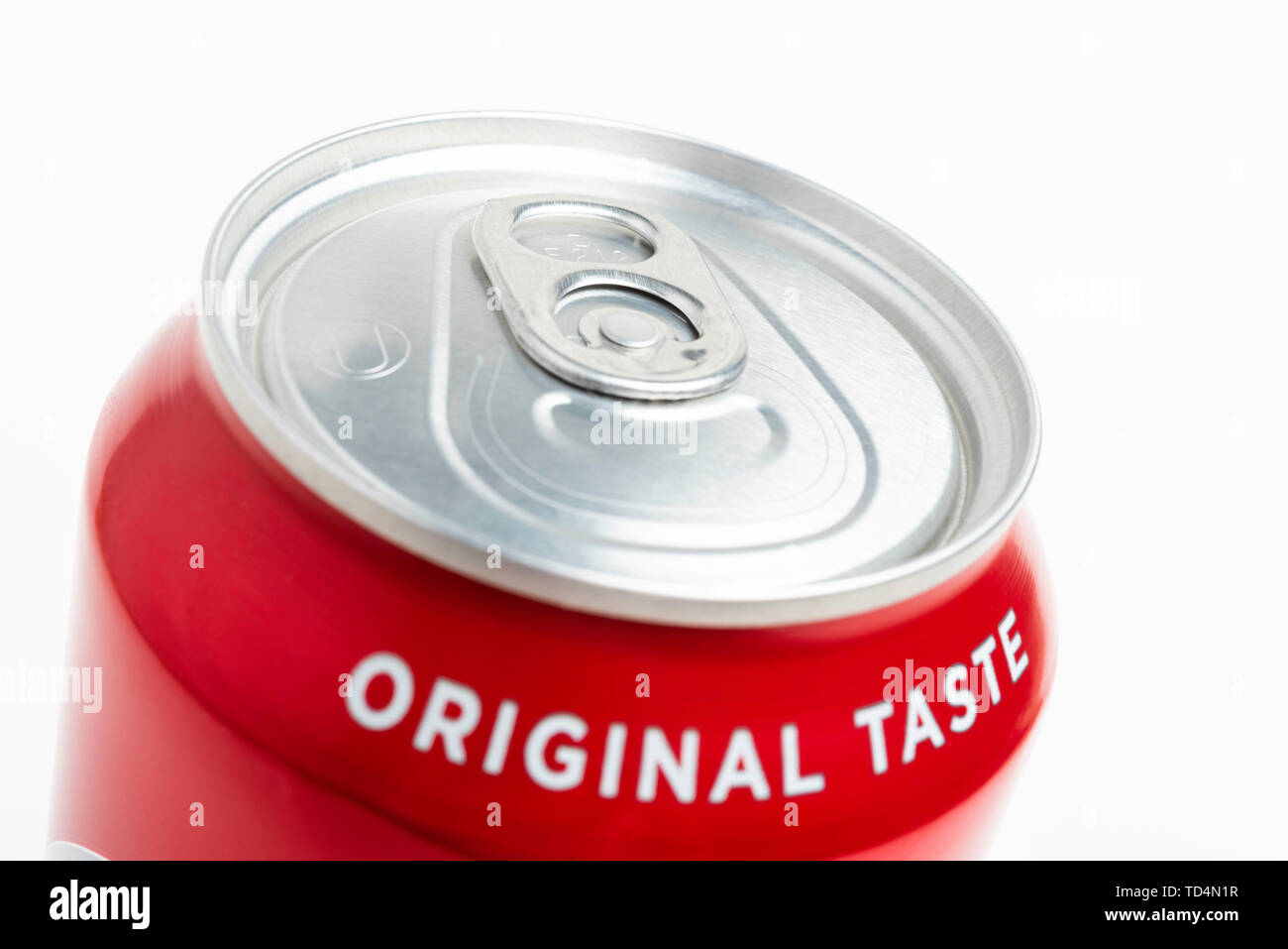A close-up of the top cap portion of a Coca-Cola red aluminum can Stock ...