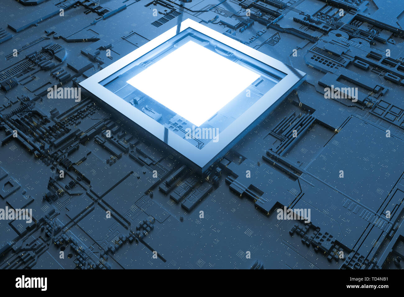Three-dimensional rendering, circuit board with blue chip Stock Photo ...