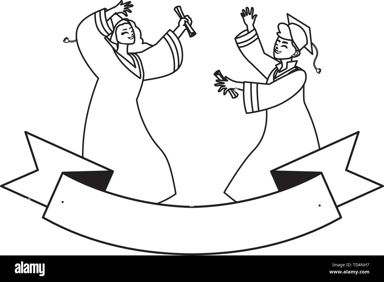young couple students graduated celebrating with ribbon vector ...