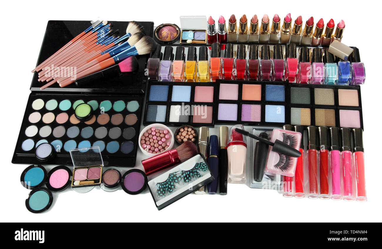 Lot of different cosmetics isolated on white Stock Photo - Alamy