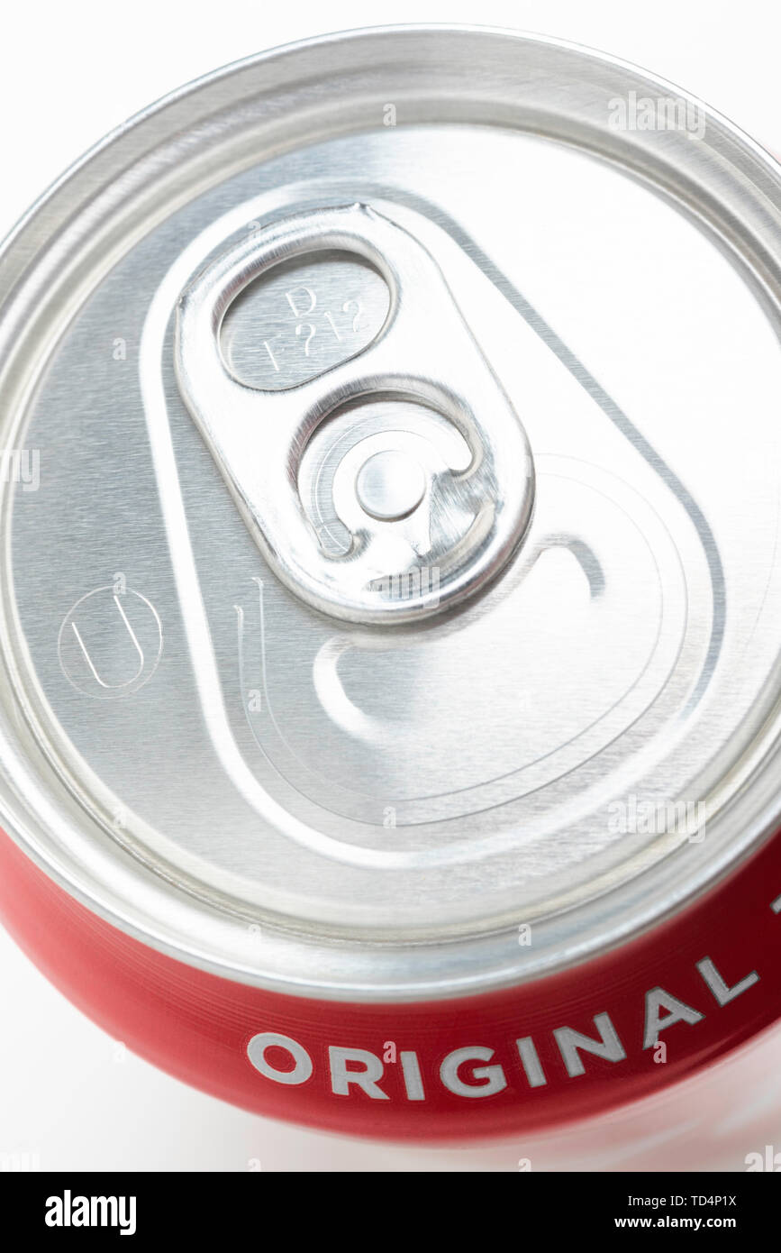 A close-up of the top cap portion of a Coca-Cola red aluminum can Stock ...