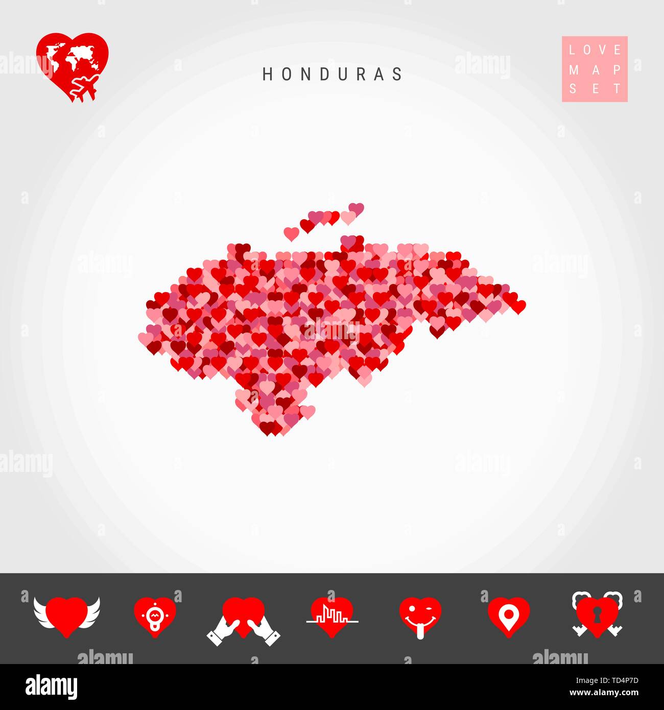I Love Honduras. Red and Pink Hearts Pattern Vector Map of Honduras ...