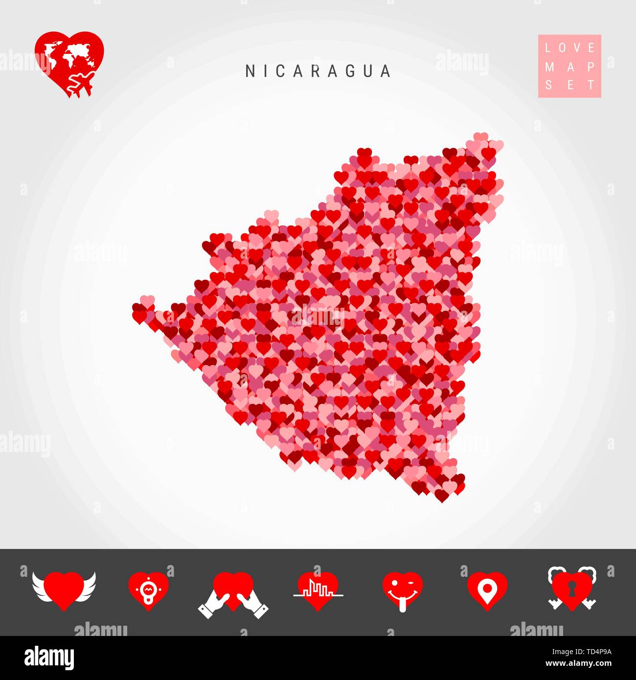 I Love Nicaragua. Red and Pink Hearts Pattern Vector Map of Nicaragua ...