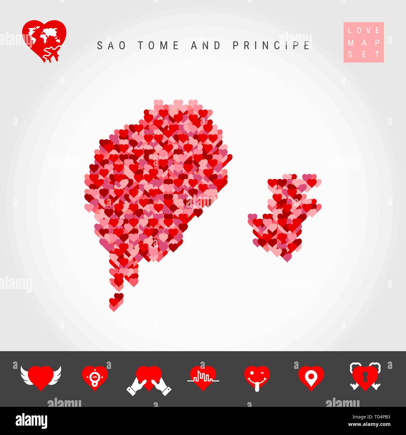 I Love Sao Tome and Principe. Red and Pink Hearts Pattern Vector Map of ...