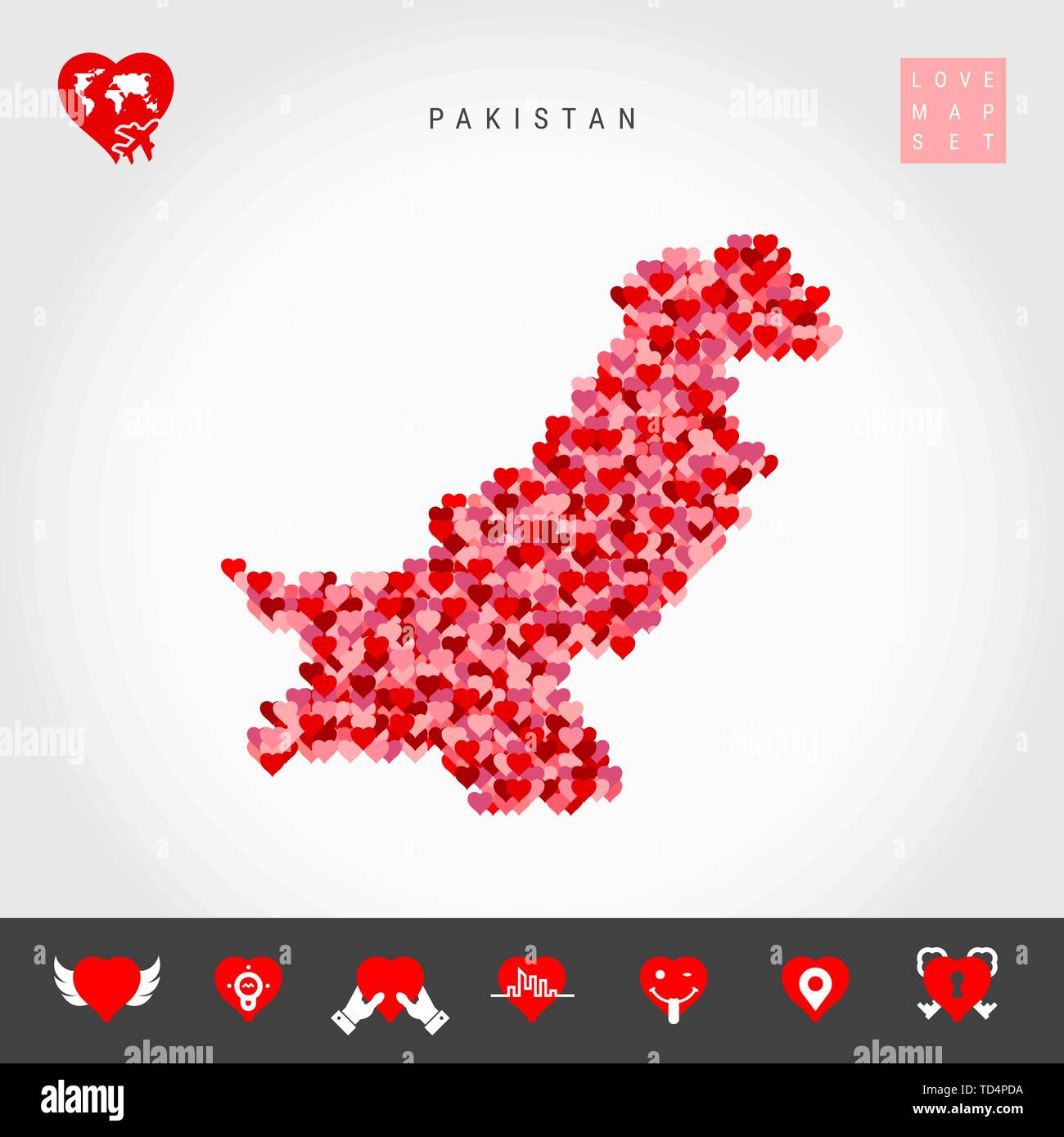 I Love Pakistan. Red and Pink Hearts Pattern Vector Map of Pakistan ...
