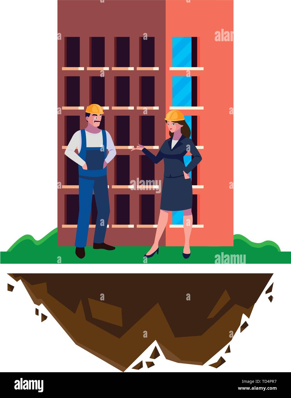 male builder constructor with woman engineer and building vector ...
