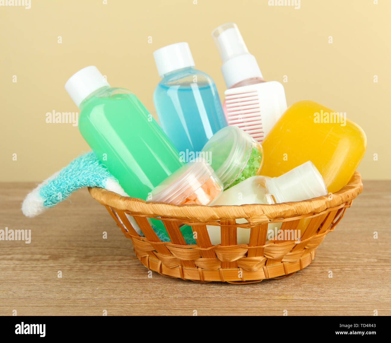 Hotel amenities kit on table on beige background Stock Photo - Alamy