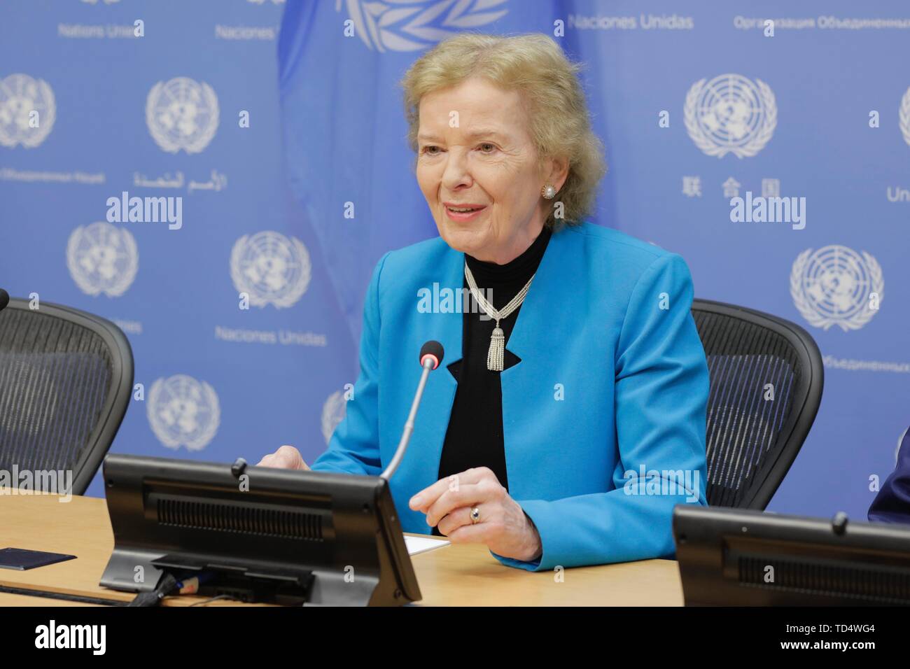 United Nations, New York, USA, June 11, 2019 - Mary Robinson briefs ...