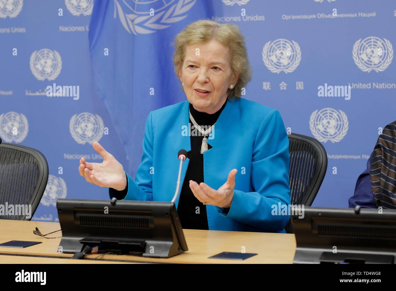 United Nations, New York, USA, June 11, 2019 - Mary Robinson briefs ...