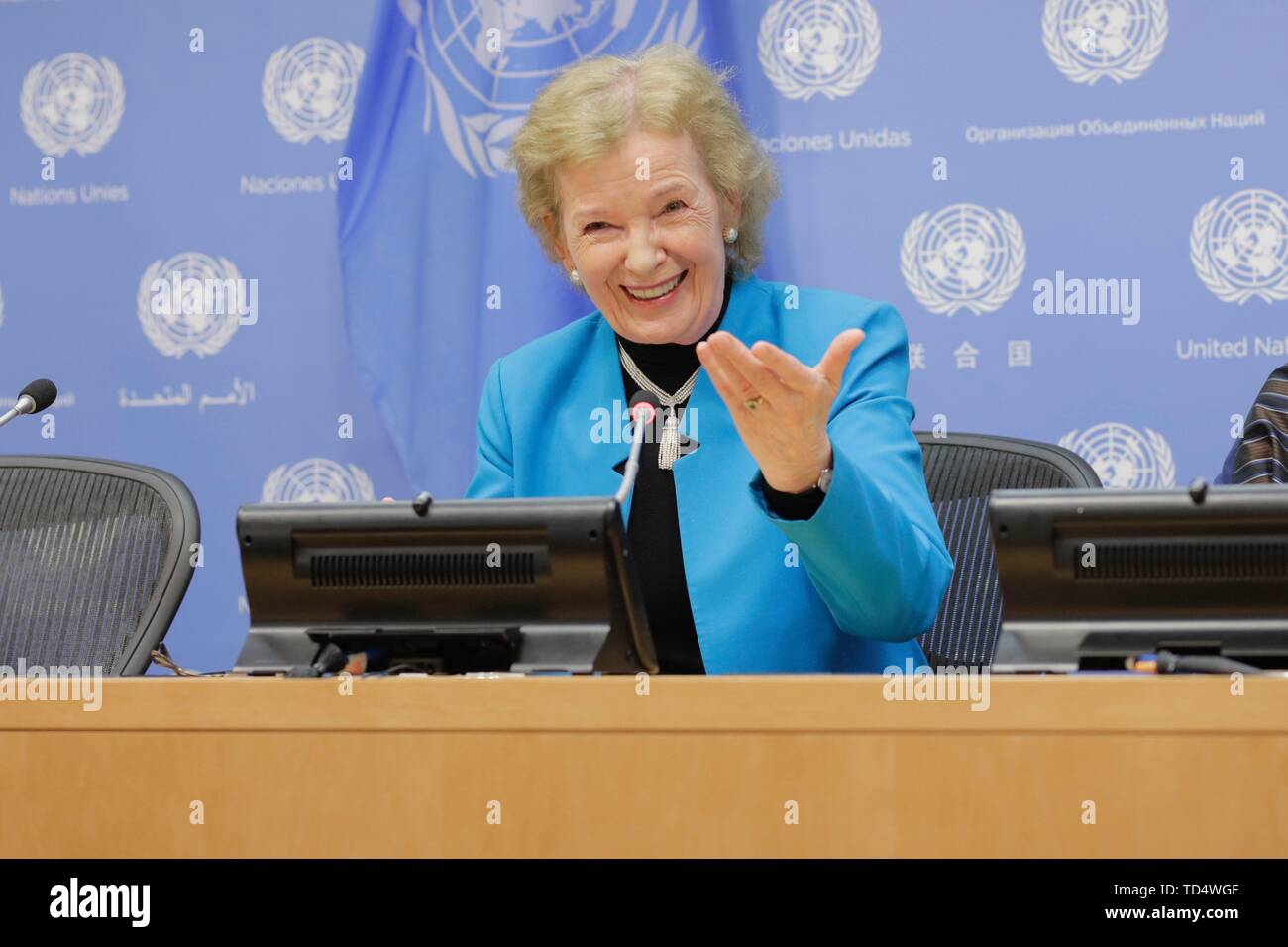 United Nations, New York, USA, June 11, 2019 - Mary Robinson briefs ...