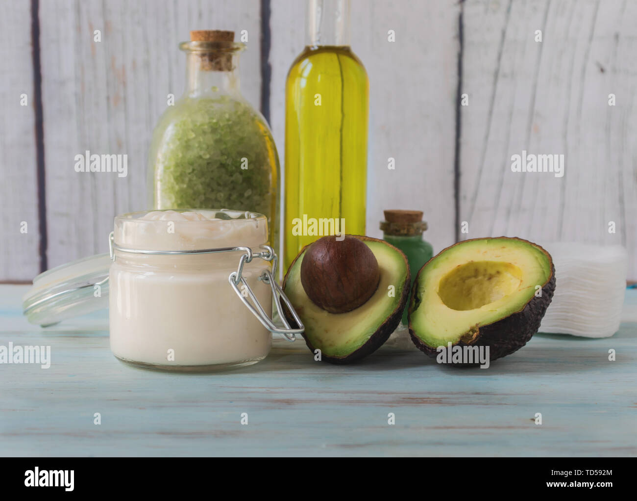 Homemade cream, bath salts, gel and avocado shampoo. Homemade avocado ...