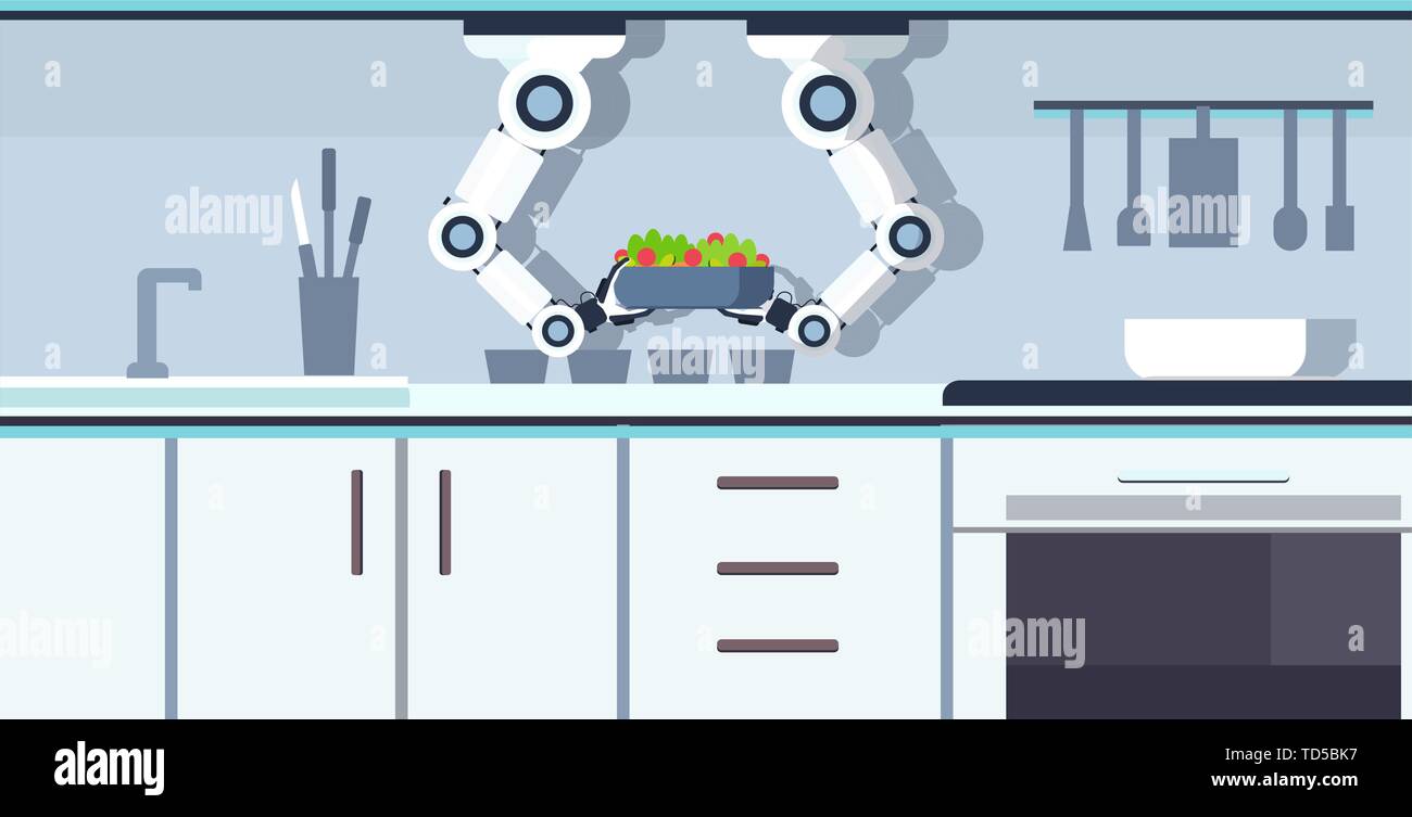 smart chef robot hands holding bowl with fresh salad kitchen assistant ...