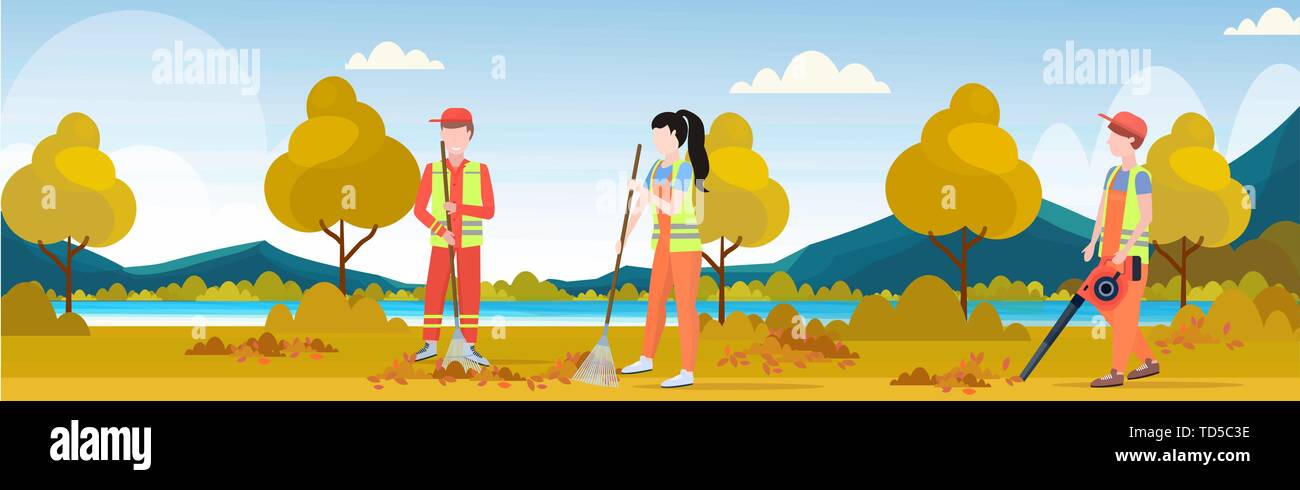 street cleaners team working together sweeping lawn raking leaves ...