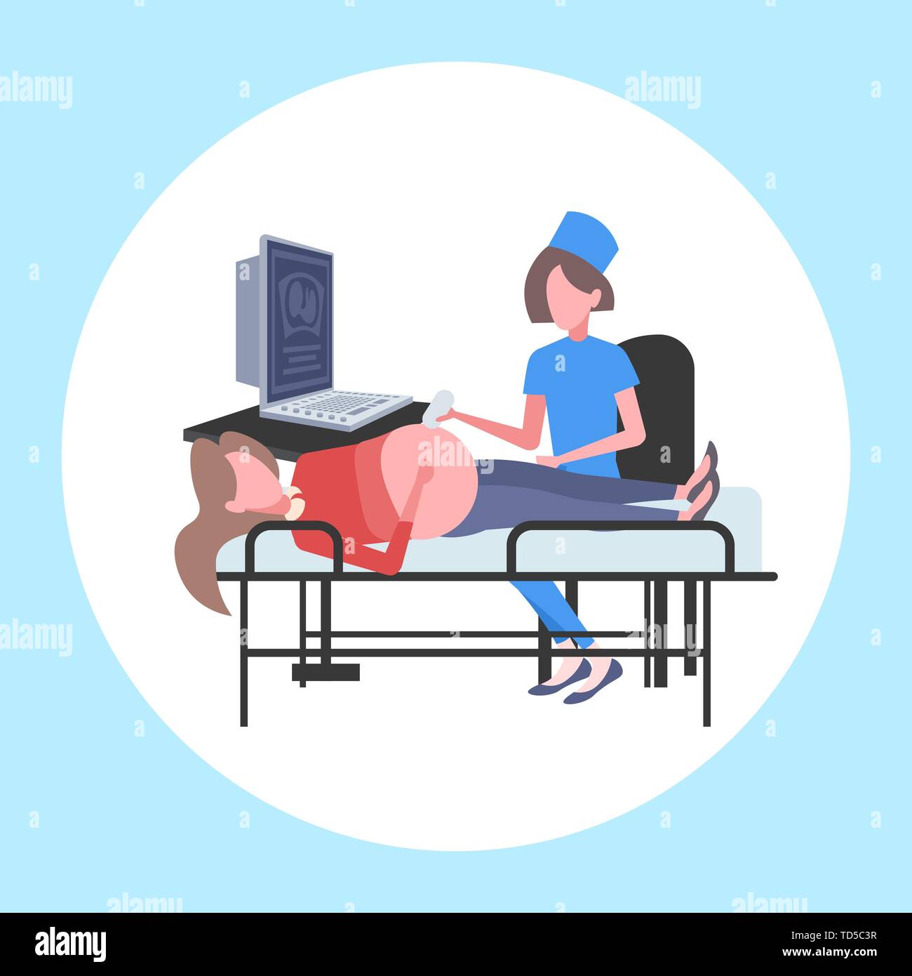 pregnant woman visiting female doctor doing ultrasound fetus screening ...