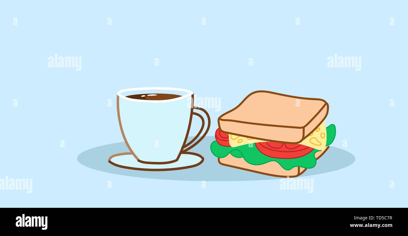 sandwich with coffee cup tasty fast food lunch break concept hand drawn ...