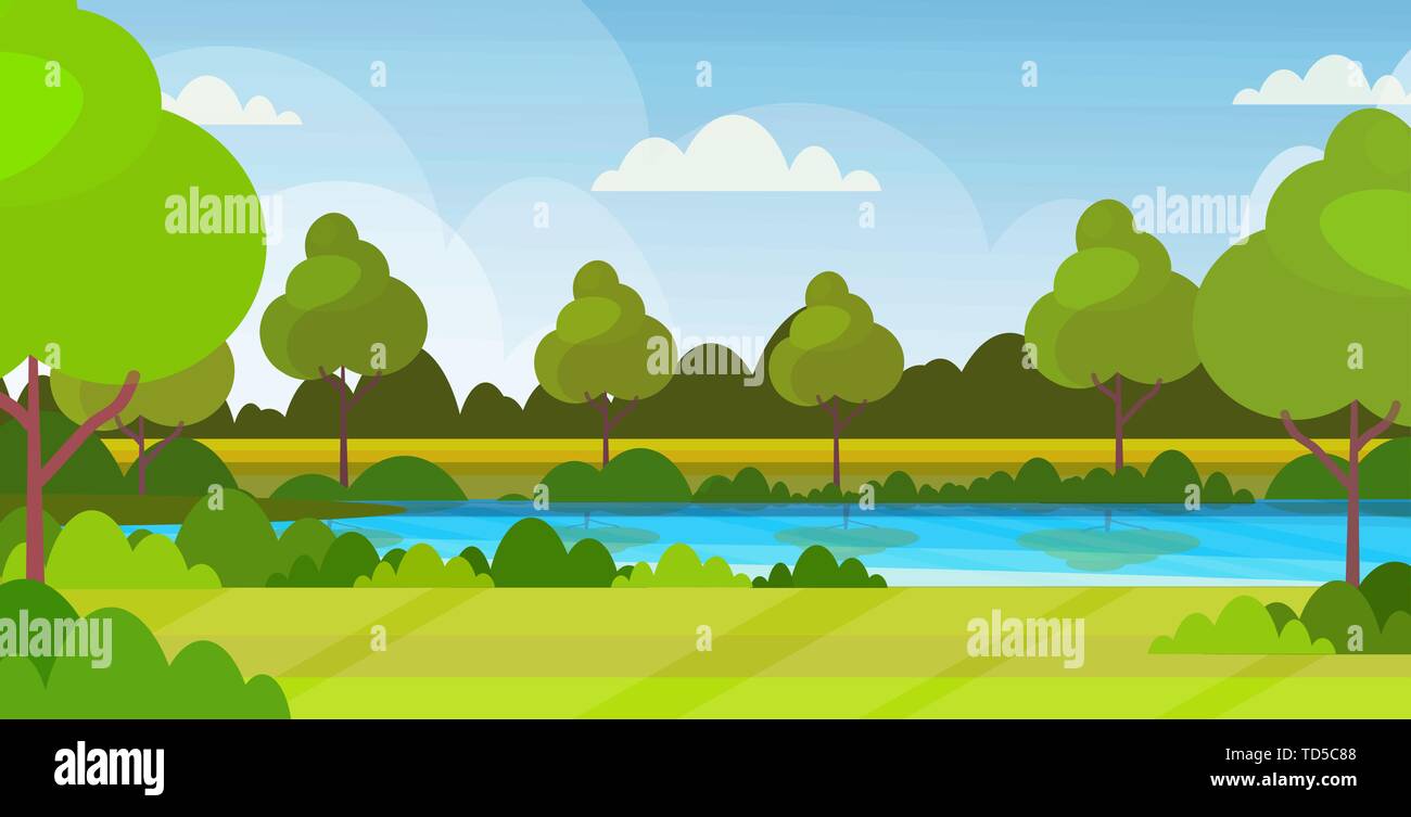 beautiful scenery in nature of river with trees around summer landscape ...