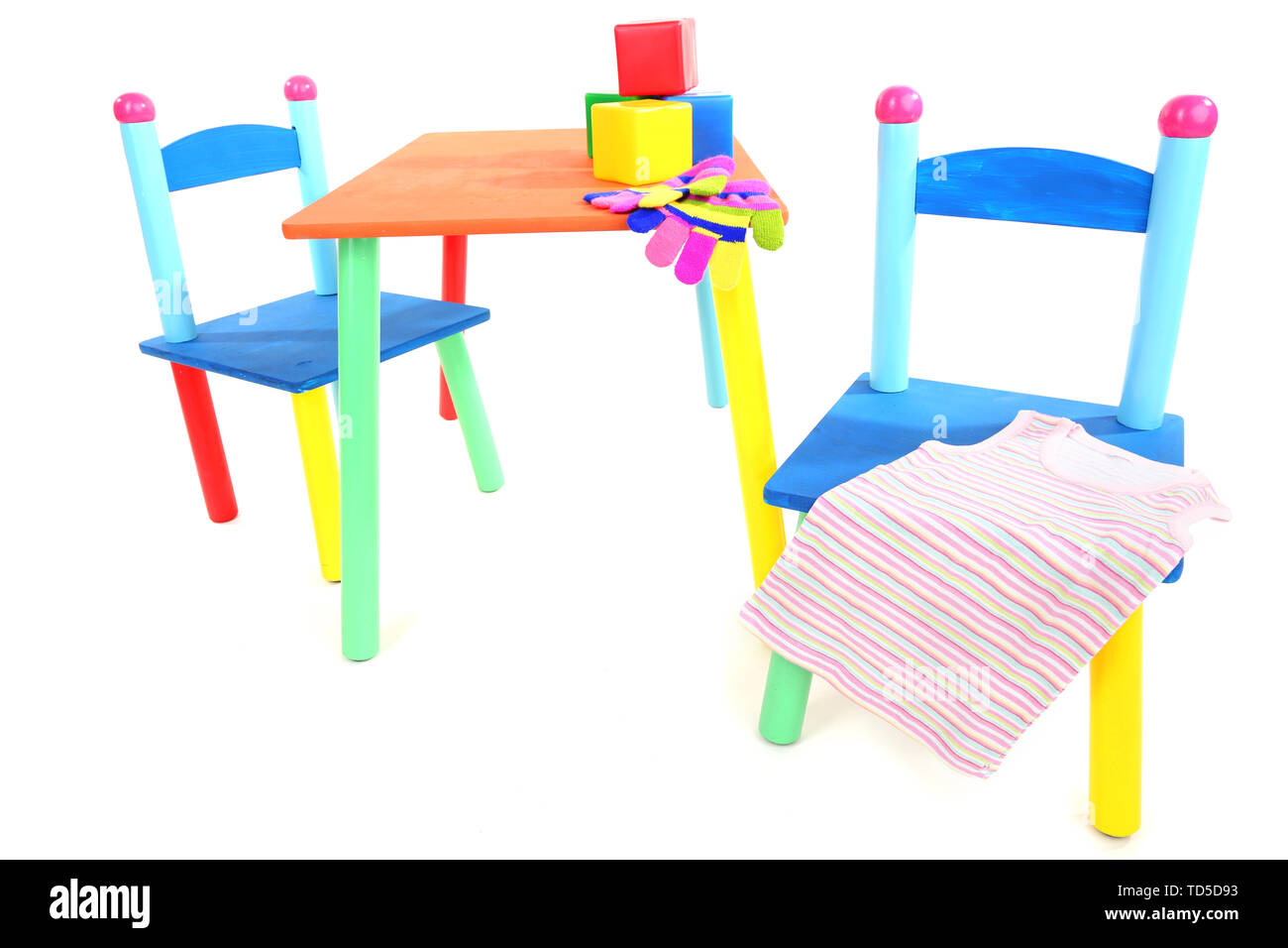 Small and colorful table and chairs for little kids isolated on white ...