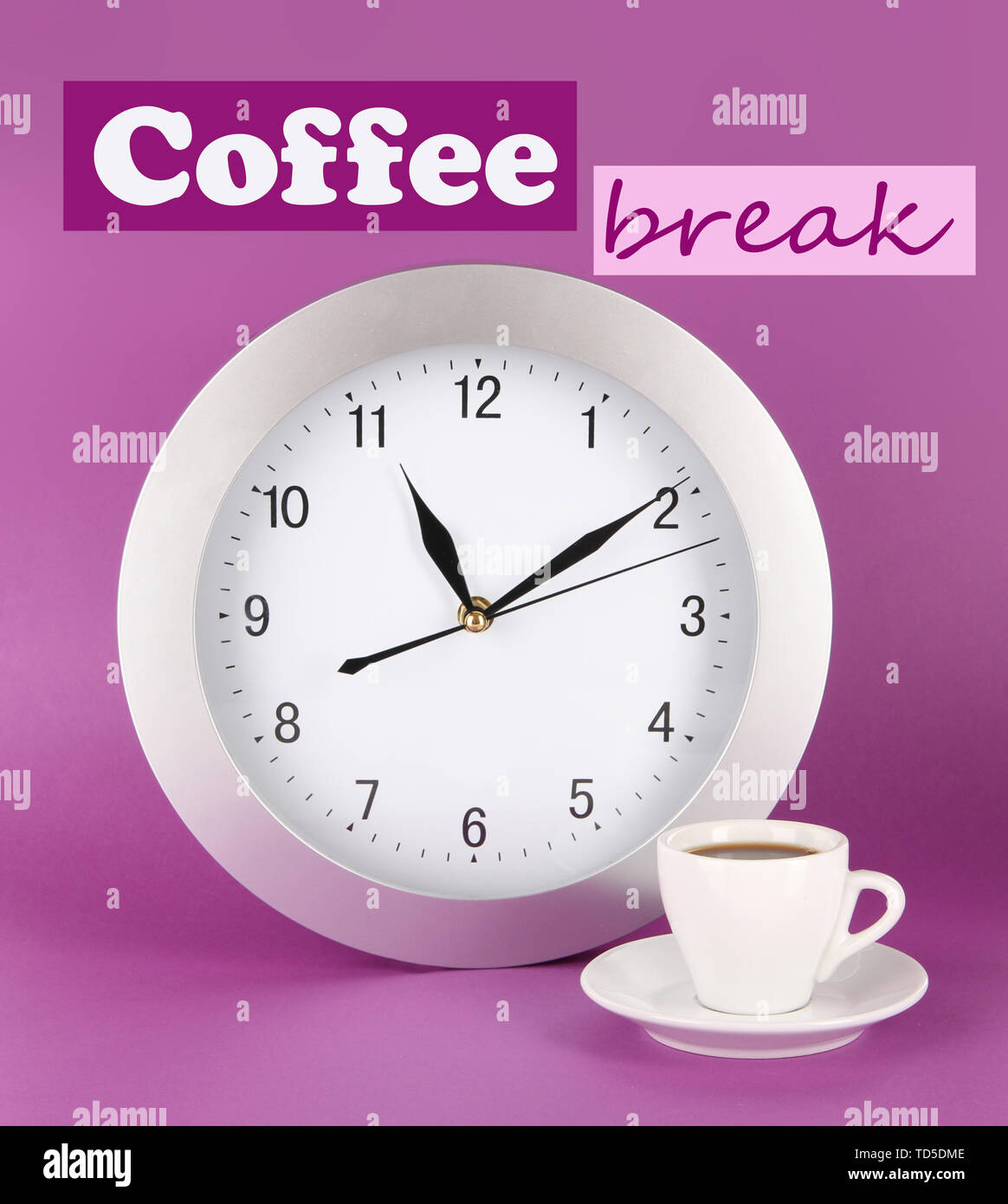 Cup coffee and clock on purple background Stock Photo - Alamy