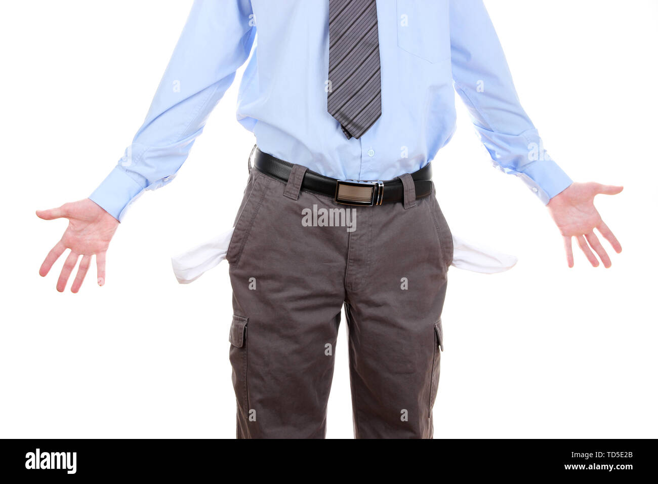 Business man showing his empty pockets, isolated on white Stock Photo ...