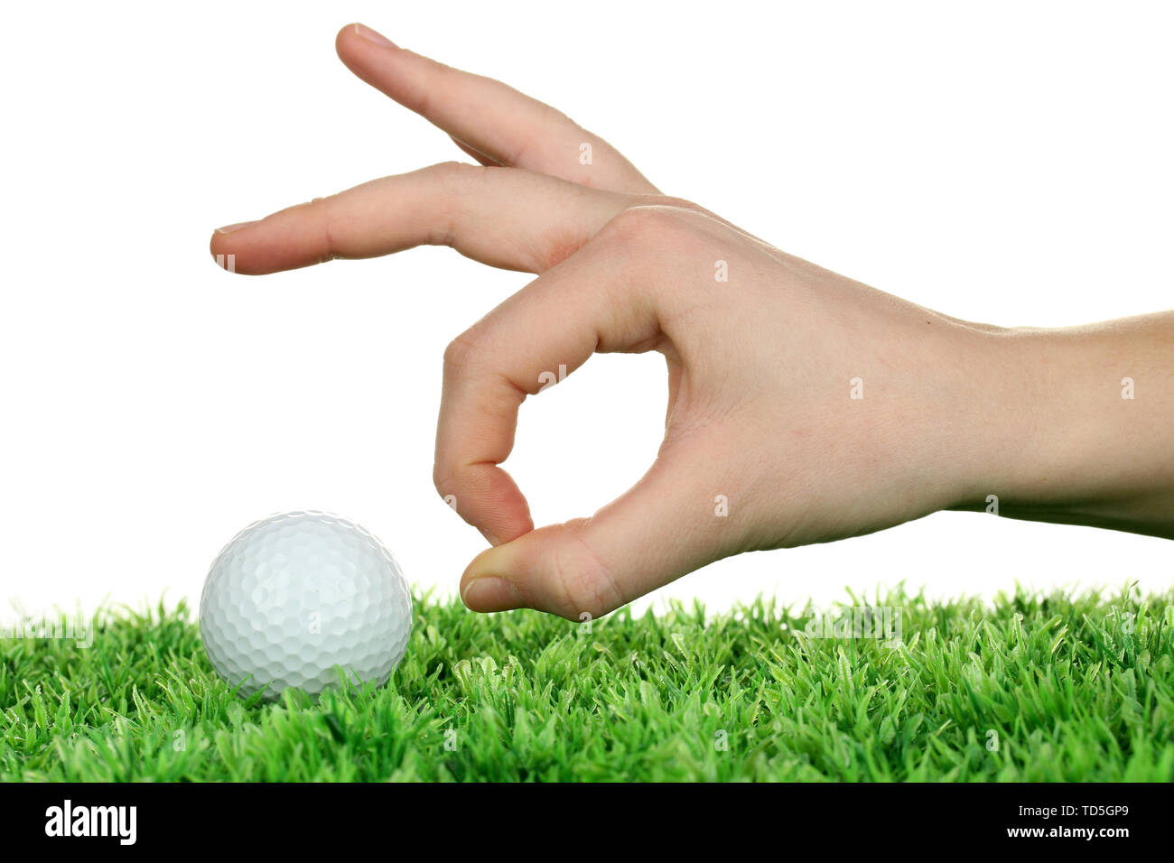 Golf ball and hand isolated on white Stock Photo - Alamy