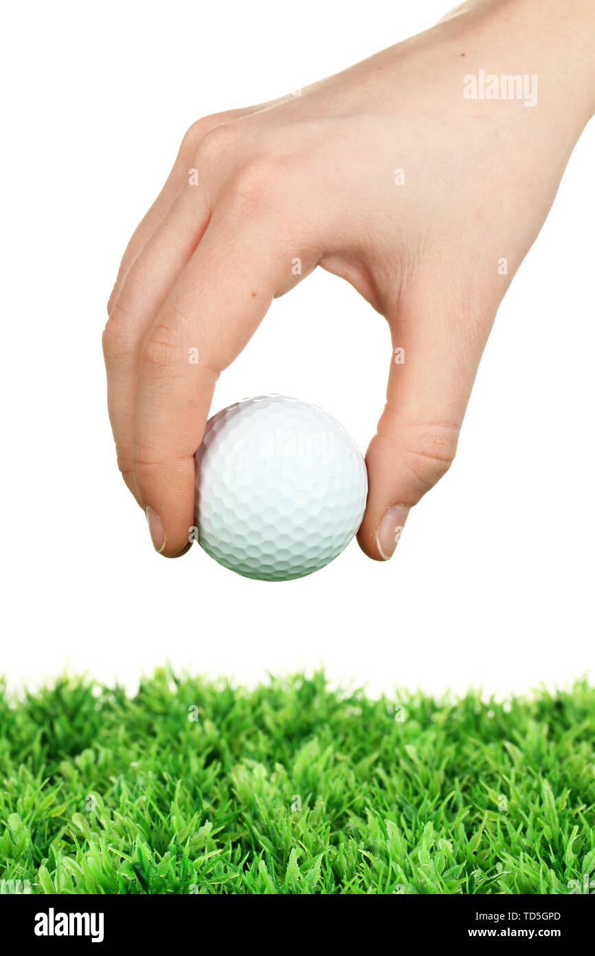 Golf ball in hand isolated on white Stock Photo - Alamy