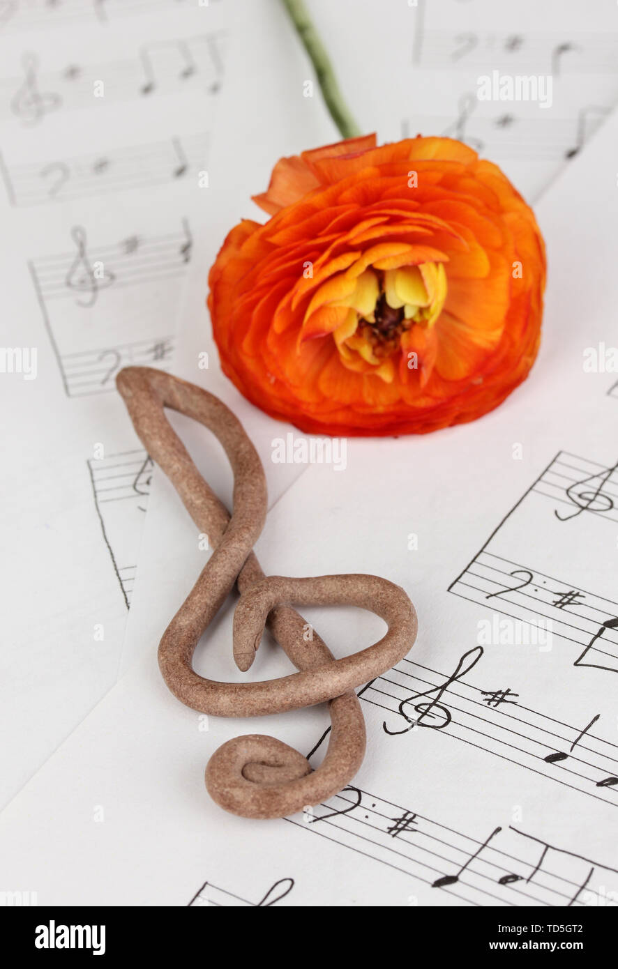 Treble clef and flower on musical background Stock Photo - Alamy