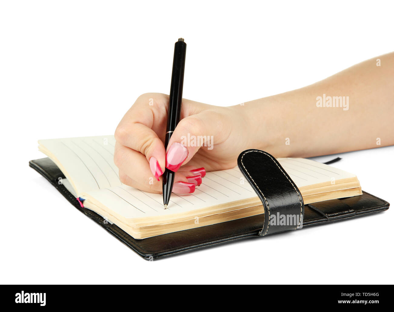 Hand signing in notebook, isolated on white Stock Photo - Alamy