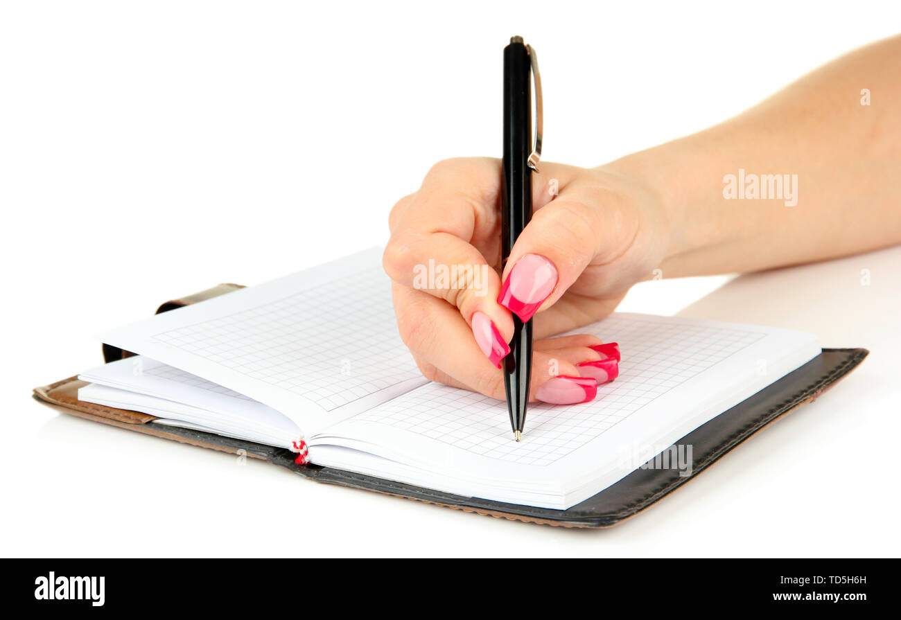 Hand signing in notebook, isolated on white Stock Photo - Alamy